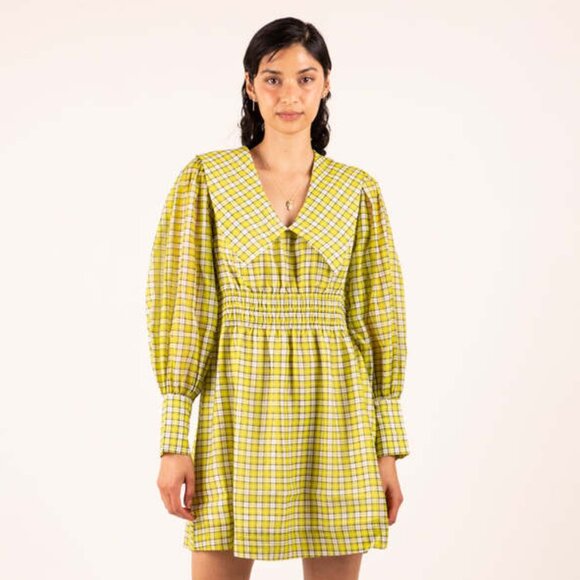 NWT Ganni Yellow Green Point Collar Checked Long Sleeve Mini Dress Long ...